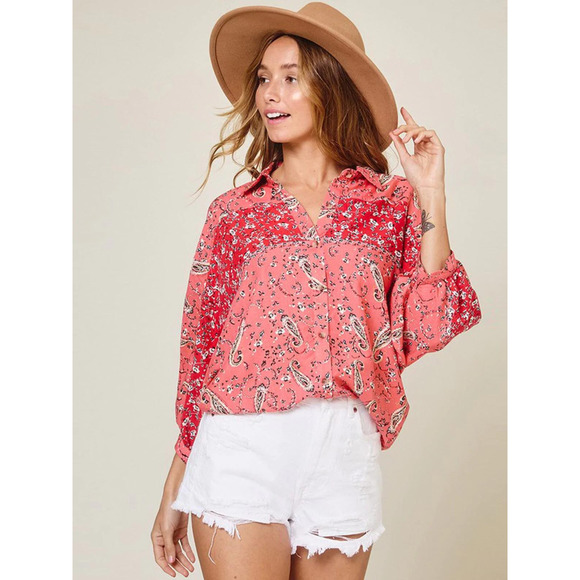 Boutique | Tops | Red 34 Sleeve Button Up Mixed Print Tunic Top | Poshmark